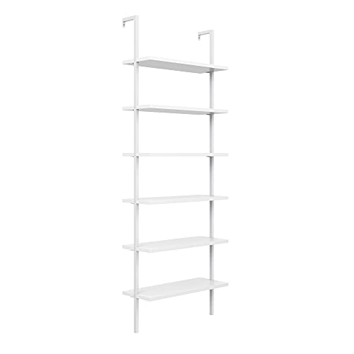 Nathan James Theo 6-Shelf Tall Modern Bookshelf, Wall Mount Ladder Shelf Bookcase with Wood and Industrial Metal Frame, Matte White