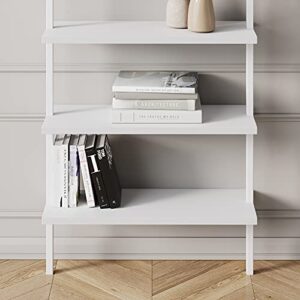 Nathan James Theo 6-Shelf Tall Modern Bookshelf, Wall Mount Ladder Shelf Bookcase with Wood and Industrial Metal Frame, Matte White