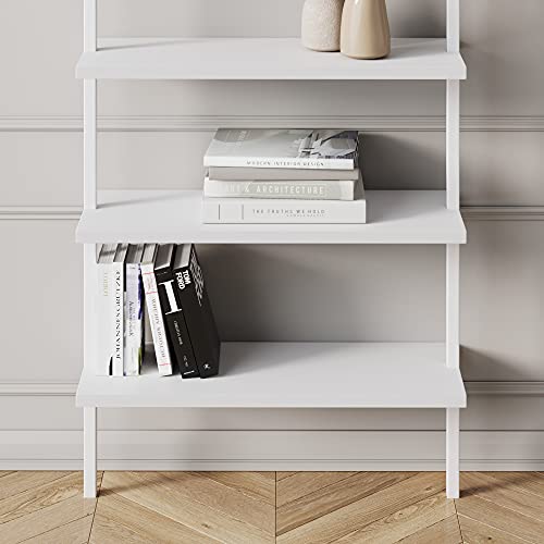 Nathan James Theo 6-Shelf Tall Modern Bookshelf, Wall Mount Ladder Shelf Bookcase with Wood and Industrial Metal Frame, Matte White