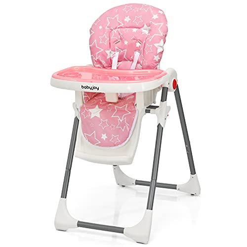 BABY JOY Folding High Chair for Babies & Toddlers, Infant Dining Chair w/Removable Dishwasher Safe Tray, 5-Point Safety Belt, Wheels, Detachable Cushion, Adjustable Backrest Footrest & Height (Pink)