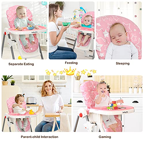 BABY JOY Folding High Chair for Babies & Toddlers, Infant Dining Chair w/Removable Dishwasher Safe Tray, 5-Point Safety Belt, Wheels, Detachable Cushion, Adjustable Backrest Footrest & Height (Pink)