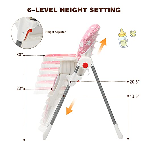 BABY JOY Folding High Chair for Babies & Toddlers, Infant Dining Chair w/Removable Dishwasher Safe Tray, 5-Point Safety Belt, Wheels, Detachable Cushion, Adjustable Backrest Footrest & Height (Pink)