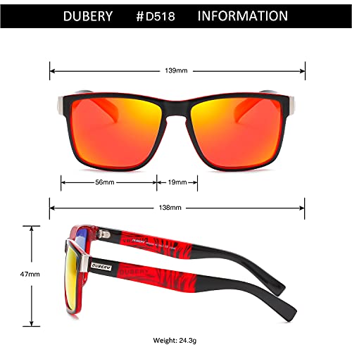 DUBERY Vintage Polarized Sunglasses for Men Women Retro Square Sun Glasses D518 (Black&Red/Red)