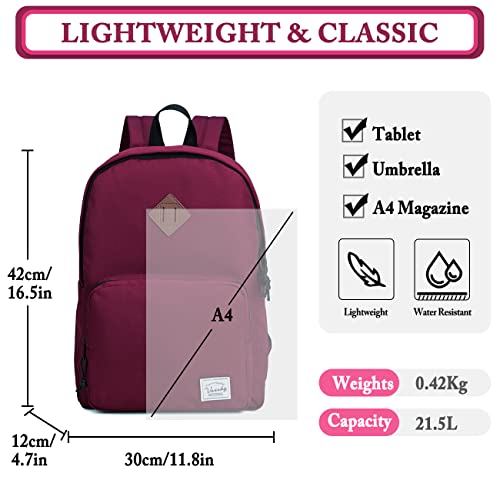 VASCHY School Backpack, Ultra Lightweight Backpack for Women Bookbag for Kids Teen Boys Girls Burgundy