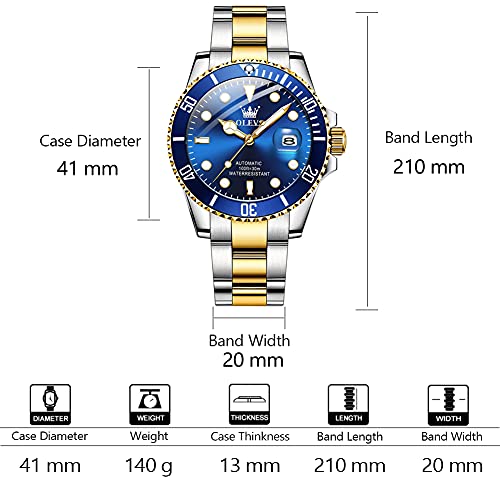 OLEVS Automatic Watches for Men Large Face Stainless Steel Wrist Watch Blue Classic Luxury Men's Self Winding Watches Silver Gold Tone Date Waterproof Mens Mechanical Watches Relojes para Hombres