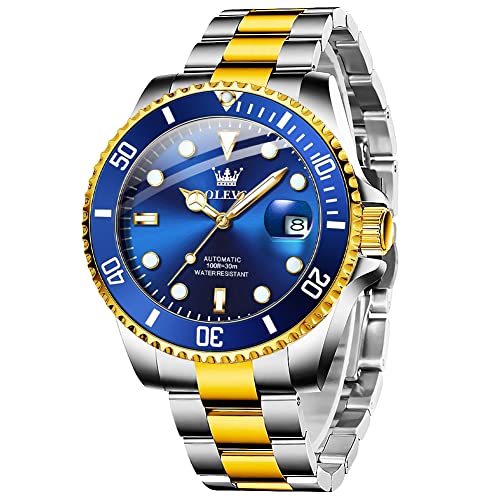 OLEVS Automatic Watches for Men Large Face Stainless Steel Wrist Watch Blue Classic Luxury Men's Self Winding Watches Silver Gold Tone Date Waterproof Mens Mechanical Watches Relojes para Hombres