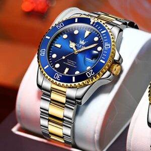 OLEVS Automatic Watches for Men Large Face Stainless Steel Wrist Watch Blue Classic Luxury Men's Self Winding Watches Silver Gold Tone Date Waterproof Mens Mechanical Watches Relojes para Hombres