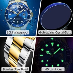 OLEVS Automatic Watches for Men Large Face Stainless Steel Wrist Watch Blue Classic Luxury Men's Self Winding Watches Silver Gold Tone Date Waterproof Mens Mechanical Watches Relojes para Hombres