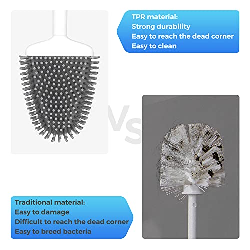 FESODR Toilet Brush with Holder (32Pcs Hooks Included), Silicone Brush Head Easily Clean Dead Corners, White