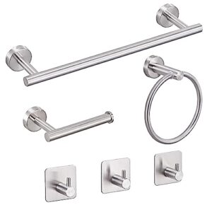 gerusea 6 pcs bathroom hardware set, brushed nickel towel bar, stainless steel towel rack wall mounted bathroom accessories set, 16'' hand towel rod, toilet paper holders, towel ring, 3 towel hooks