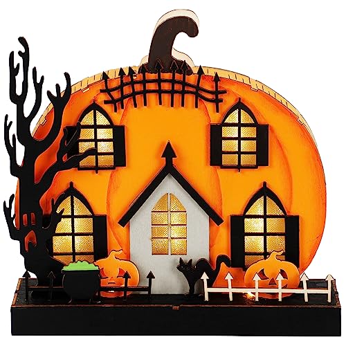 Lulu Home Halloween Tabletop Decoration, Wooden Lighted Pumpkin House Decoration Ornaments, Battery Operated Halloween Sign Indoor Fireplace Desk Kitchen Table Ornament, 9 x 9 x 2.1 in