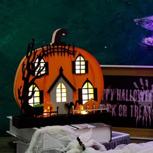 Lulu Home Halloween Tabletop Decoration, Wooden Lighted Pumpkin House Decoration Ornaments, Battery Operated Halloween Sign Indoor Fireplace Desk Kitchen Table Ornament, 9 x 9 x 2.1 in