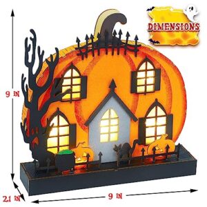 Lulu Home Halloween Tabletop Decoration, Wooden Lighted Pumpkin House Decoration Ornaments, Battery Operated Halloween Sign Indoor Fireplace Desk Kitchen Table Ornament, 9 x 9 x 2.1 in