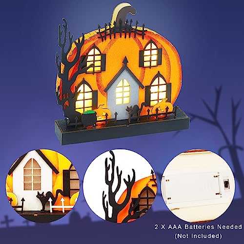 Lulu Home Halloween Tabletop Decoration, Wooden Lighted Pumpkin House Decoration Ornaments, Battery Operated Halloween Sign Indoor Fireplace Desk Kitchen Table Ornament, 9 x 9 x 2.1 in