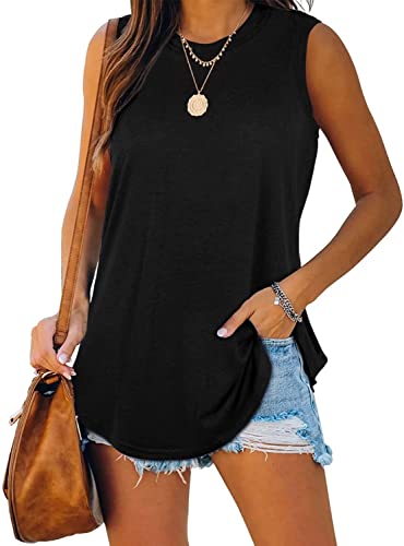 Dressmine Women's Tank Tops Loose Fit Crew Neck Sleeveless Summer Top Shirts Side Split Tunic Black XX-Large