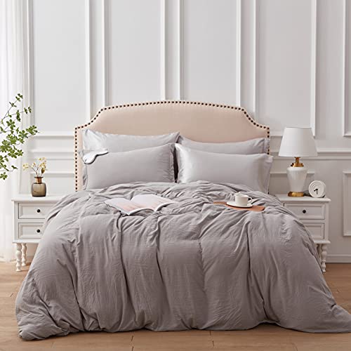 SEMECH Duvet Cover Queen Size Grey Microfiber Comforter Cover Set 5 Piece with Eye Mask and Zipper, 2 Brushed Pillow Shams and 2 Satin Pillowcases - 90x90 inches