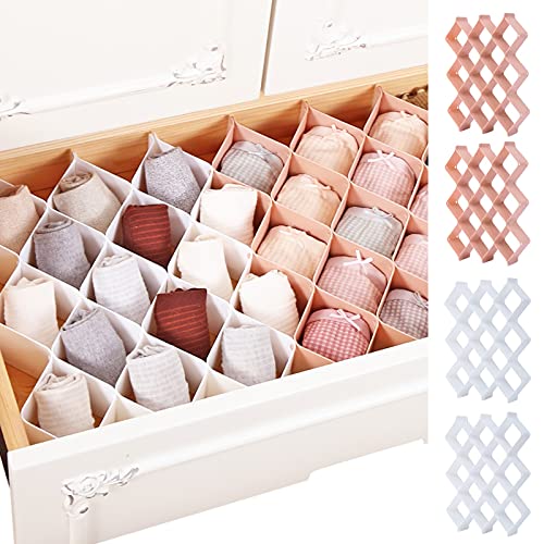 ROUFA Honeycomb Drawer Organizer for Underwear, Drawer Divider Separator, Dresser Drawer Organizers for Belts, Ties, Clothing, Makeup,Office Supplies(2 Sets of Pink + 2 Sets of White, 86 Slots)