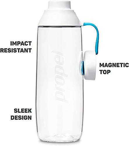 Propel 20oz Reusable Bottle, BPA Free, Impact Resistant, On-The-Go Strap, Dishwasher Safe, White + Propel Powder Packets Four-Flavor Variety Pack With Electrolytes, Vitamins and No Sugar (50 count)