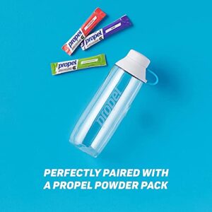 Propel 20oz Reusable Bottle, BPA Free, Impact Resistant, On-The-Go Strap, Dishwasher Safe, White + Propel Powder Packets Four-Flavor Variety Pack With Electrolytes, Vitamins and No Sugar (50 count)