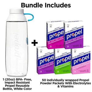 Propel 20oz Reusable Bottle, BPA Free, Impact Resistant, On-The-Go Strap, Dishwasher Safe, White + Propel Powder Packets Four-Flavor Variety Pack With Electrolytes, Vitamins and No Sugar (50 count)