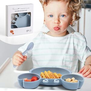 ROCCED [Upgraded] Suction Plates for Baby, Silicone Plates with Suction Divided, Baby Spoon Fork Set for Toddler Baby Dishes Kids Plates and Utensils-Crab Dark Blue