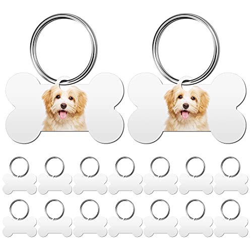 Hotop 16 Pieces Sublimation Blank Dog Tag Aluminum Dog Tag Bone Shaped Sublimation Blank Dog Tag Double Sided Dog Tag with Key Ring for Dogs and Cats Pet ID Tag