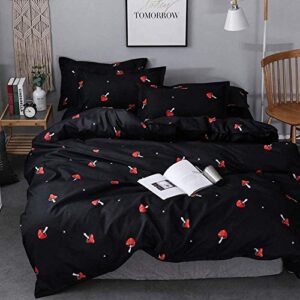 mushroom duvet cover king kid cartoon kawaii bedding set girls cute wild species comforter cover set botanical bedding reversible lovely natural plant quilt cover for mushrooms room decor, black red