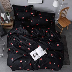 Mushroom Duvet Cover King Kid Cartoon Kawaii Bedding Set Girls Cute Wild Species Comforter Cover Set Botanical Bedding Reversible Lovely Natural Plant Quilt Cover for Mushrooms Room Decor, Black Red