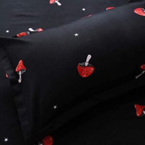 Mushroom Duvet Cover King Kid Cartoon Kawaii Bedding Set Girls Cute Wild Species Comforter Cover Set Botanical Bedding Reversible Lovely Natural Plant Quilt Cover for Mushrooms Room Decor, Black Red