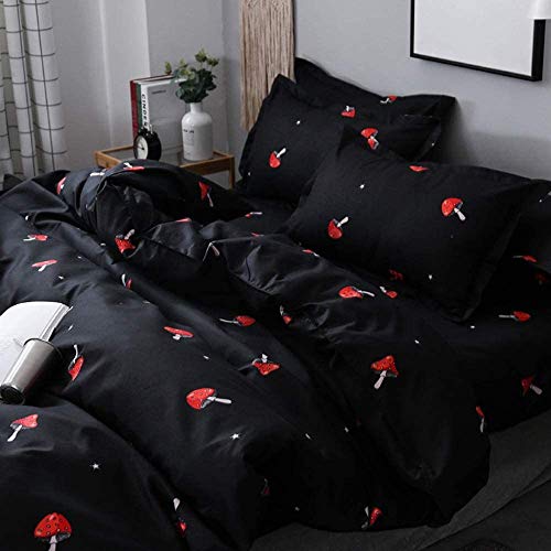 Mushroom Duvet Cover King Kid Cartoon Kawaii Bedding Set Girls Cute Wild Species Comforter Cover Set Botanical Bedding Reversible Lovely Natural Plant Quilt Cover for Mushrooms Room Decor, Black Red