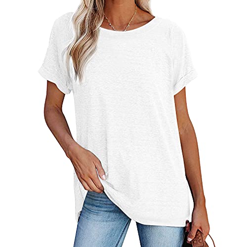 Womens Casual Tshirts Loose Fit Rolled Sleeve Summer Tops Crewneck Tunic Tops for Leggings White M