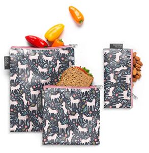 simple modern reusable snack bags for kids | food safe, bpa free, phthalate free, polyester zip pouches | washable & refillable sandwich bag | ellie collection | 3 pack | unicorn fields