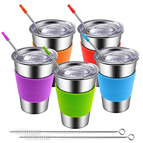 Vayugo Kids Cups with Lids and Straws, 5 Pack Stainless Steel 12oz Spill Proof Toddler Tumblers, Unbreakable Drinking Sippy Cup Leak Proof Water Bottle Travel Mug for Children & Adults Indoor Outdoor