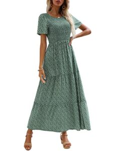 zattcas womens 2023 spring summer smocked tiered boho floral long maxi dresses casual short sleeve modest flowy church maternity wedding guest dress green xl