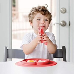 ezpz Mini Collection Set (Coral) - 100% Silicone Cup, Fork, Spoon & Mini Mat Suction Plate with Built-in Placemat for Infants + Toddlers - First Foods + Self-Feeding - 12 Months+