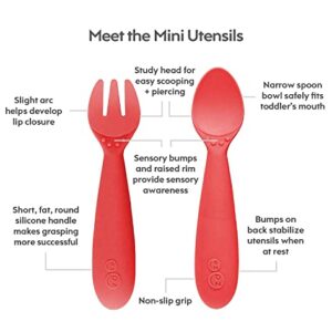 ezpz Mini Collection Set (Coral) - 100% Silicone Cup, Fork, Spoon & Mini Mat Suction Plate with Built-in Placemat for Infants + Toddlers - First Foods + Self-Feeding - 12 Months+