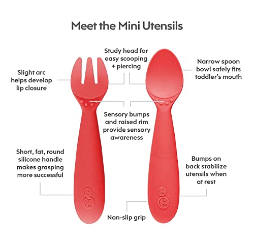 ezpz Mini Collection Set (Coral) - 100% Silicone Cup, Fork, Spoon & Mini Mat Suction Plate with Built-in Placemat for Infants + Toddlers - First Foods + Self-Feeding - 12 Months+