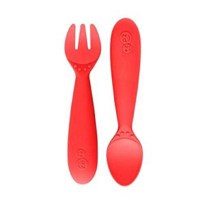 ezpz Mini Collection Set (Coral) - 100% Silicone Cup, Fork, Spoon & Mini Mat Suction Plate with Built-in Placemat for Infants + Toddlers - First Foods + Self-Feeding - 12 Months+