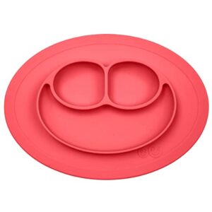 ezpz Mini Collection Set (Coral) - 100% Silicone Cup, Fork, Spoon & Mini Mat Suction Plate with Built-in Placemat for Infants + Toddlers - First Foods + Self-Feeding - 12 Months+