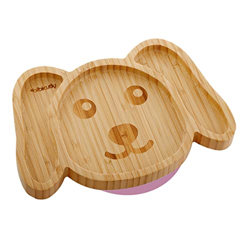 Baby Bamboo Plates with Suction Toddler Cute Dog Plates Natrual Bamboo Feeding Dishes for Kids Children (Pink)