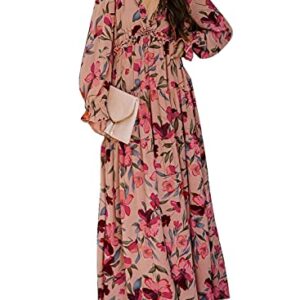 BLENCOT Womens Casual Floral Deep V Neck Long Sleeve Long Evening Dress Cocktail Party Maxi Wedding Dresses Floral Pattern Red Medium