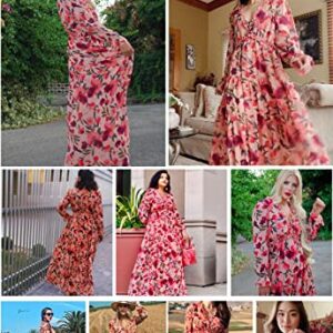 BLENCOT Womens Casual Floral Deep V Neck Long Sleeve Long Evening Dress Cocktail Party Maxi Wedding Dresses Floral Pattern Red Medium