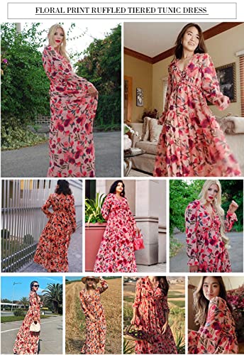 BLENCOT Womens Casual Floral Deep V Neck Long Sleeve Long Evening Dress Cocktail Party Maxi Wedding Dresses Floral Pattern Red Medium