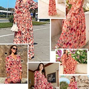 BLENCOT Womens Casual Floral Deep V Neck Long Sleeve Long Evening Dress Cocktail Party Maxi Wedding Dresses Floral Pattern Red Medium