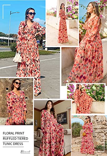 BLENCOT Womens Casual Floral Deep V Neck Long Sleeve Long Evening Dress Cocktail Party Maxi Wedding Dresses Floral Pattern Red Medium