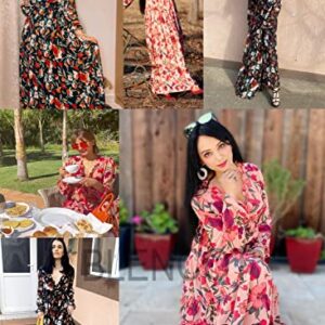 BLENCOT Womens Casual Floral Deep V Neck Long Sleeve Long Evening Dress Cocktail Party Maxi Wedding Dresses Floral Pattern Red Medium