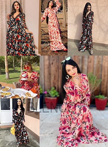 BLENCOT Womens Casual Floral Deep V Neck Long Sleeve Long Evening Dress Cocktail Party Maxi Wedding Dresses Floral Pattern Red Medium