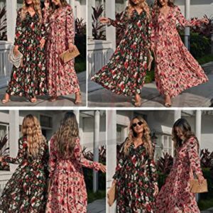 BLENCOT Womens Casual Floral Deep V Neck Long Sleeve Long Evening Dress Cocktail Party Maxi Wedding Dresses Floral Pattern Red Medium