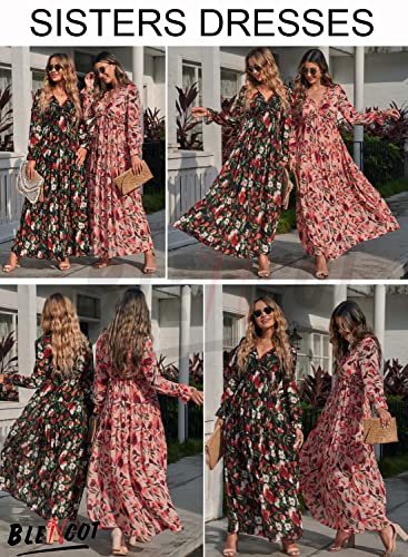 BLENCOT Womens Casual Floral Deep V Neck Long Sleeve Long Evening Dress Cocktail Party Maxi Wedding Dresses Floral Pattern Red Medium