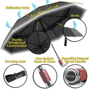 Royal Walk Windproof Folding Travel Umbrella Compact and Strong Luxurious Real Wood Handle Automatic Open Close Vented Double Canopy for Men and Women